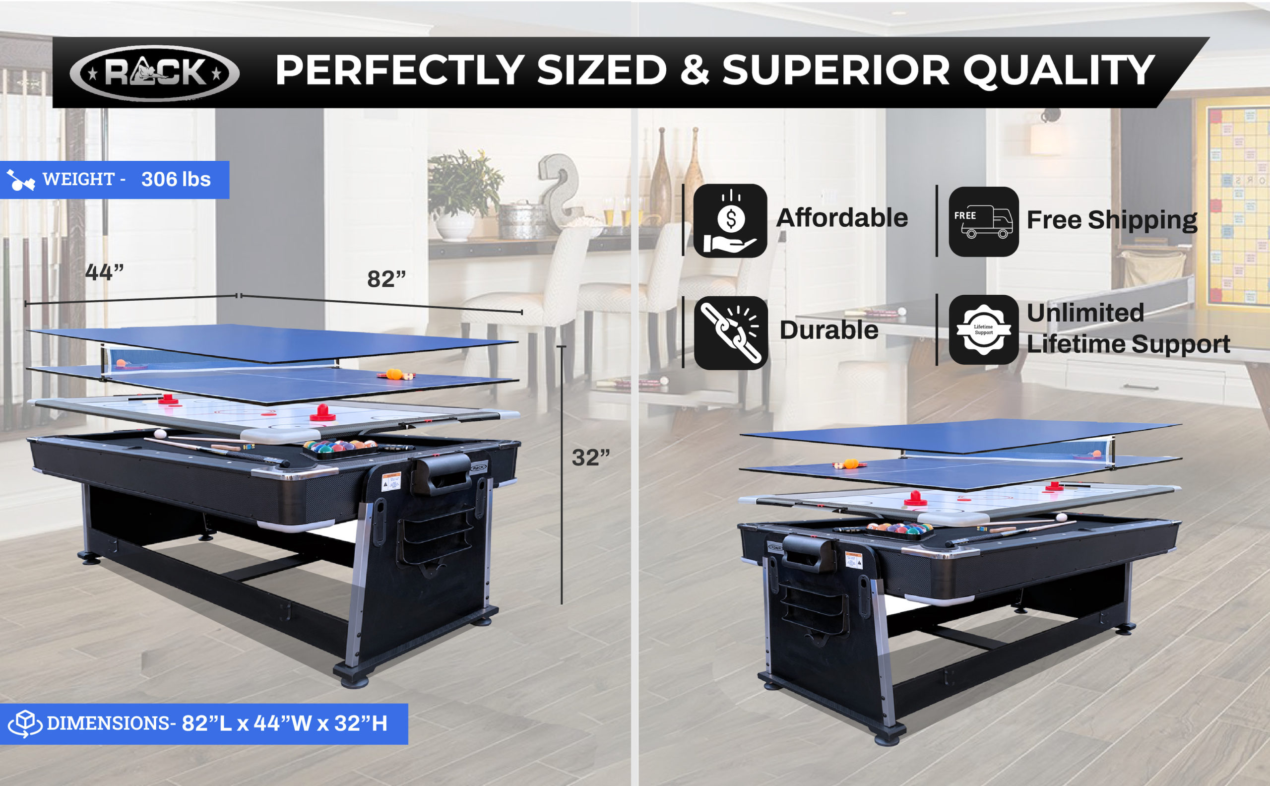 RACK Triad 7-Foot 3-in-1 Multi Game Swivel Billiard/Pool Table (Black ...