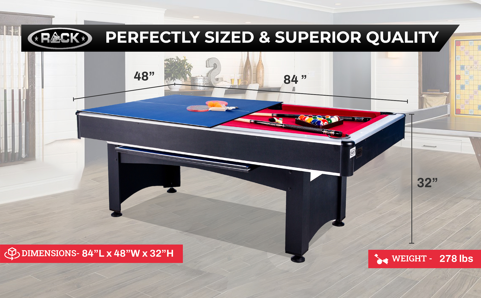 RACK Scorpius 7-Foot Multi Game Billiard/Pool with Table Tennis (Red ...