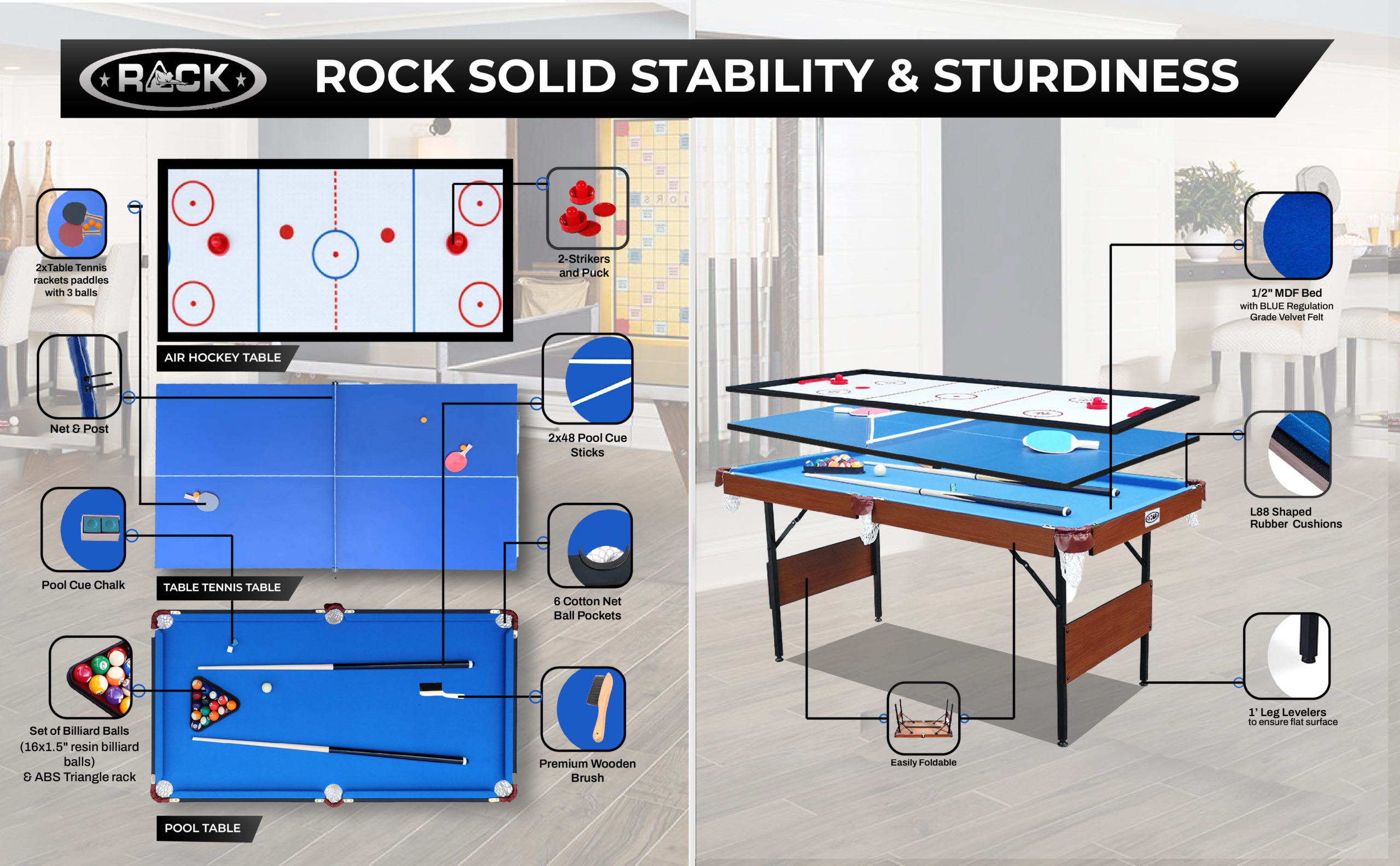 RACK Crucis 5.5-Foot Folding 3 in 1 Multi Game Billiard/Pool Table ...