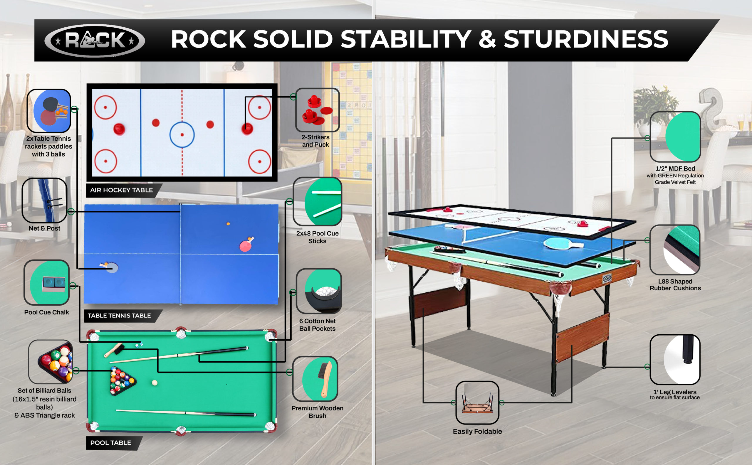 RACK Crucis 5.5-Foot Folding 3 in 1 Multi Game Billiard/Pool Table ...