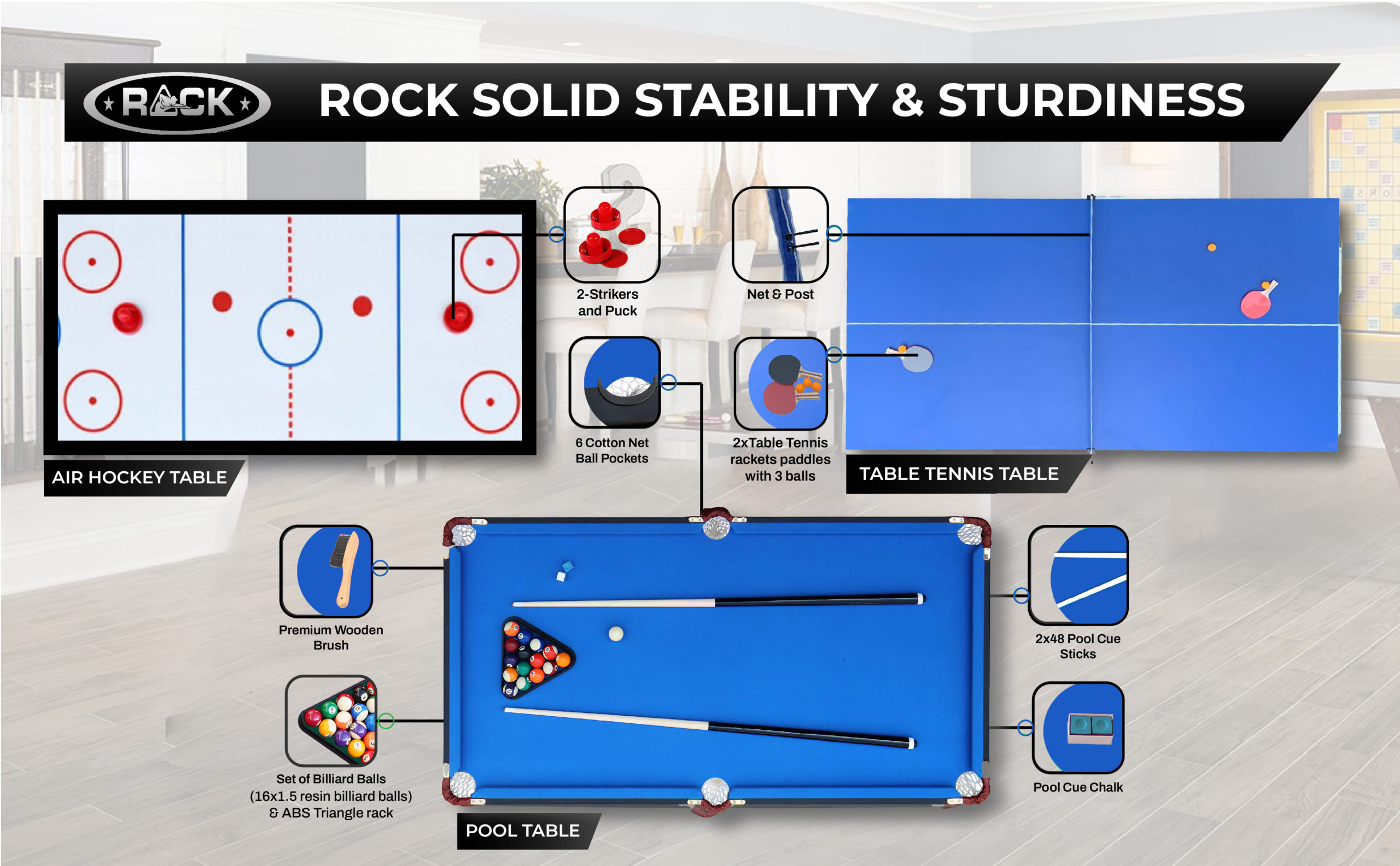 RACK Crux 55 in Folding Billiard/Pool Table (Blue 3-in-1 Multi Game ...