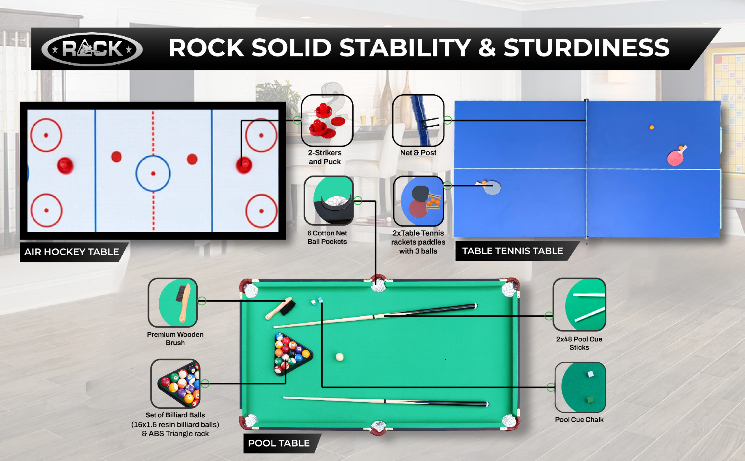 RACK Crux 55 in Folding Billiard/Pool Table (Green 3-in-1 Multi Game ...