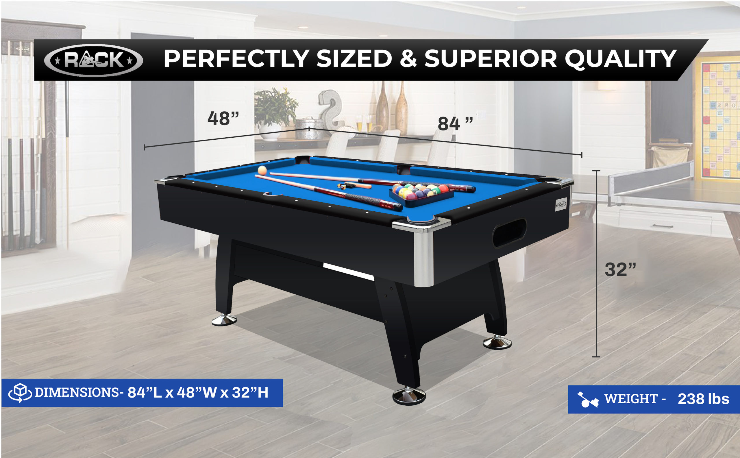 RACK Draco 7-Foot Tournament Billiard/Pool Table (Blue Felt with Black ...