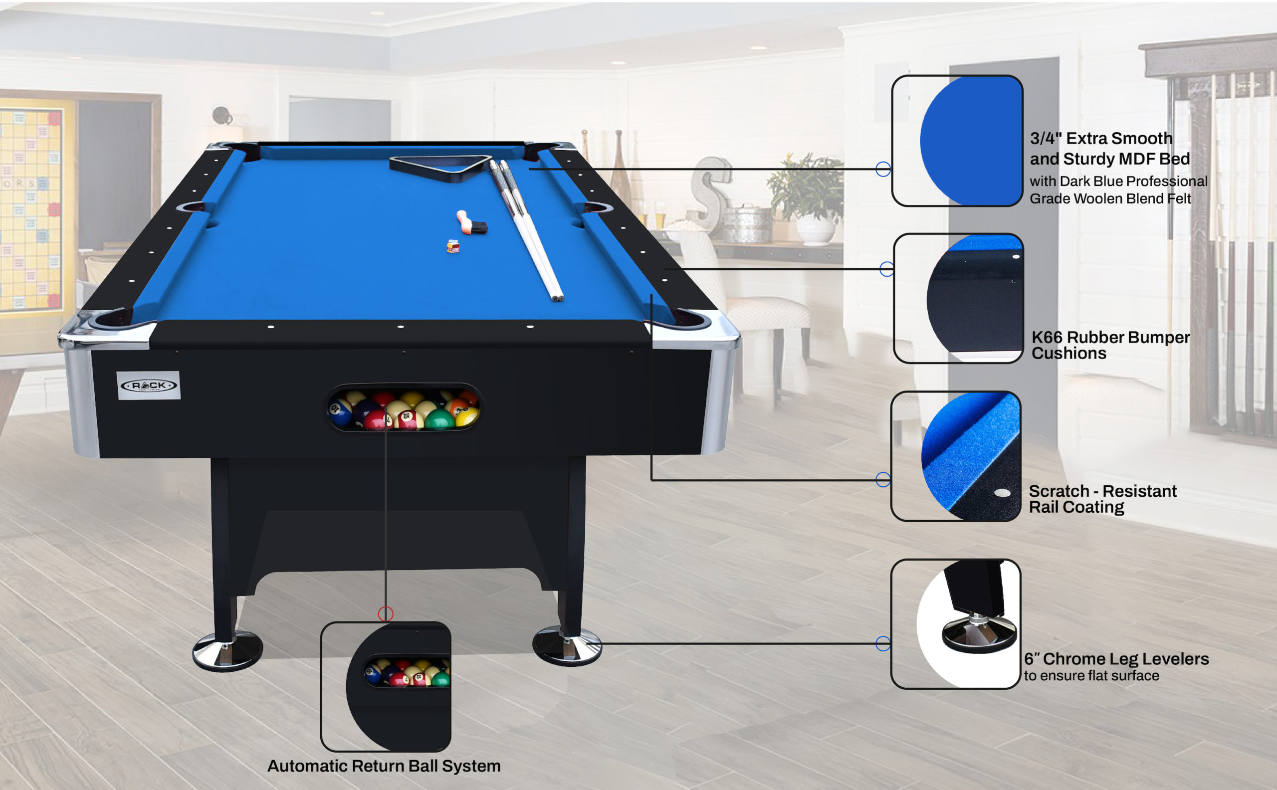 RACK Draco 7-Foot Tournament Billiard/Pool Table (Blue Felt with Black ...