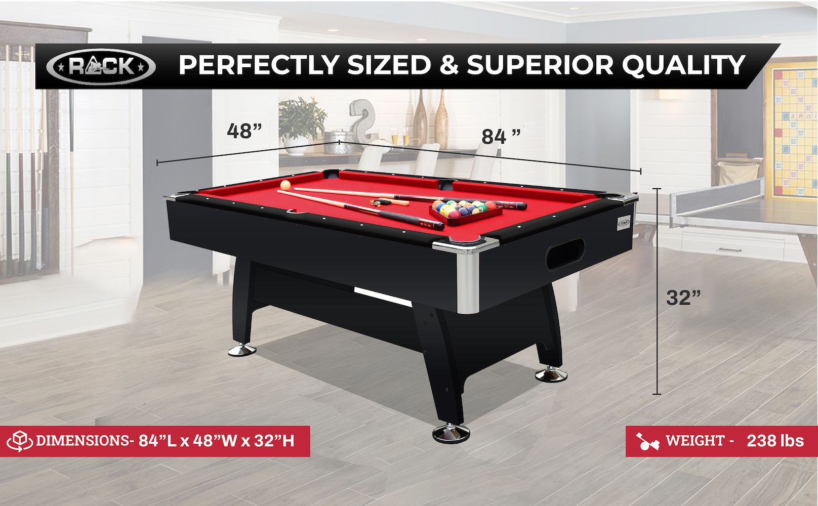 RACK Draco 7-Foot Tournament Billiard/Pool Table (Red Felt with Black ...