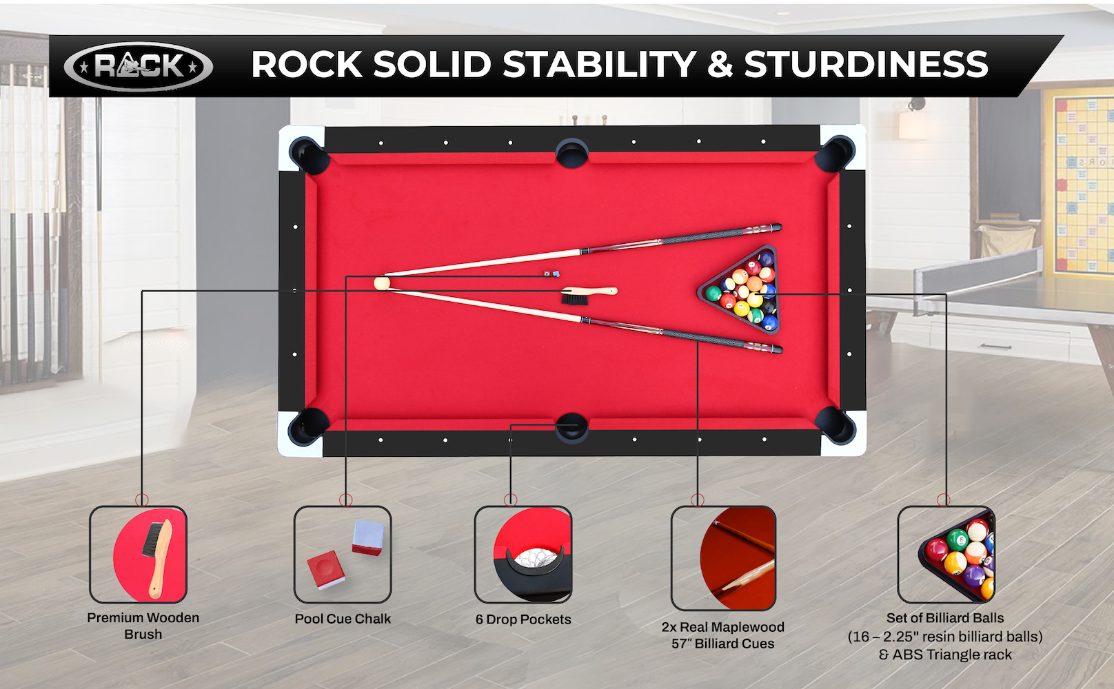 RACK Draco 7-Foot Tournament Billiard/Pool Table (Red Felt with Black ...