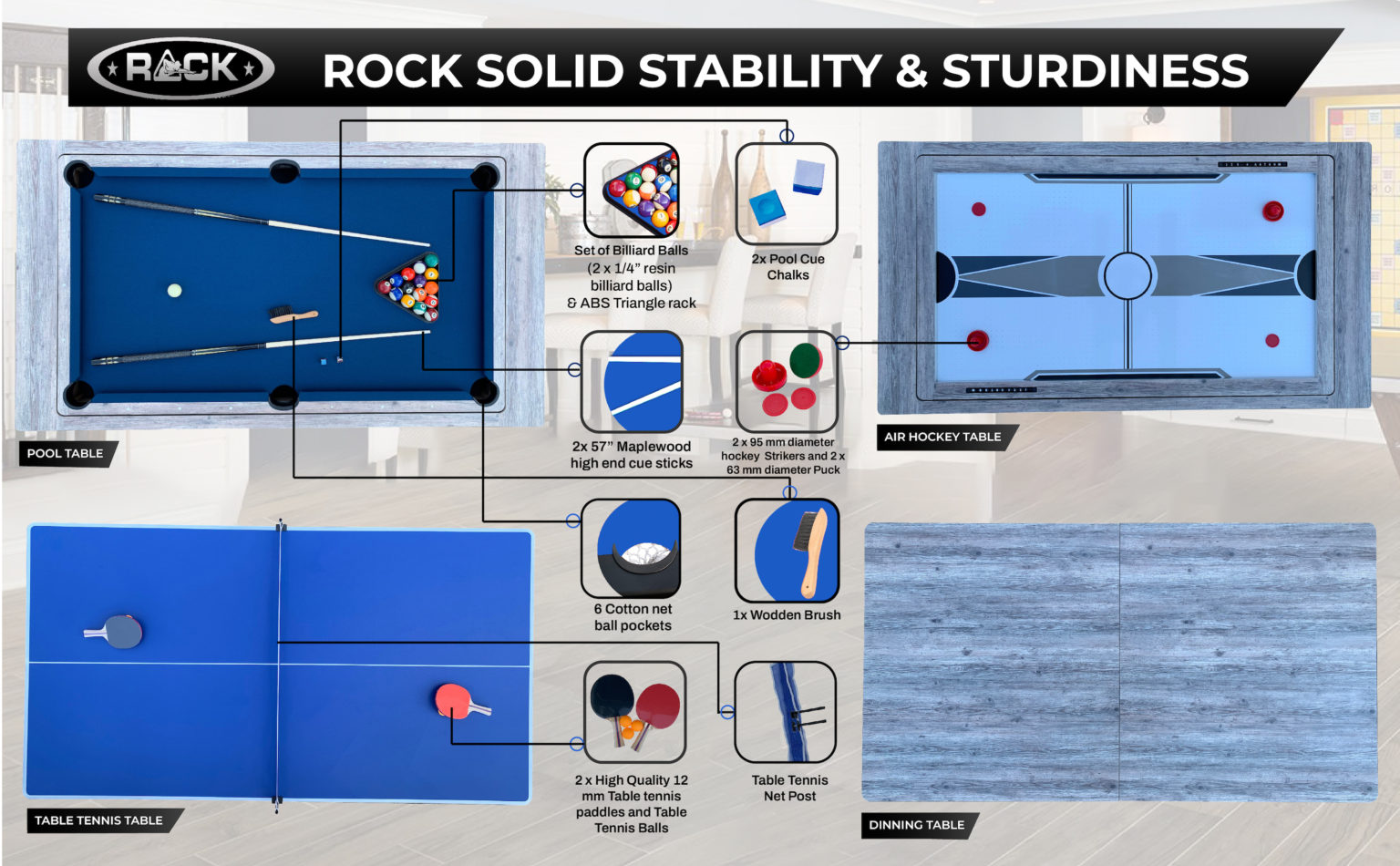 RACK Luxor 7.5-Foot 4-in-1 Multi-Game Swivel Billiard/Pool Table (Blue ...