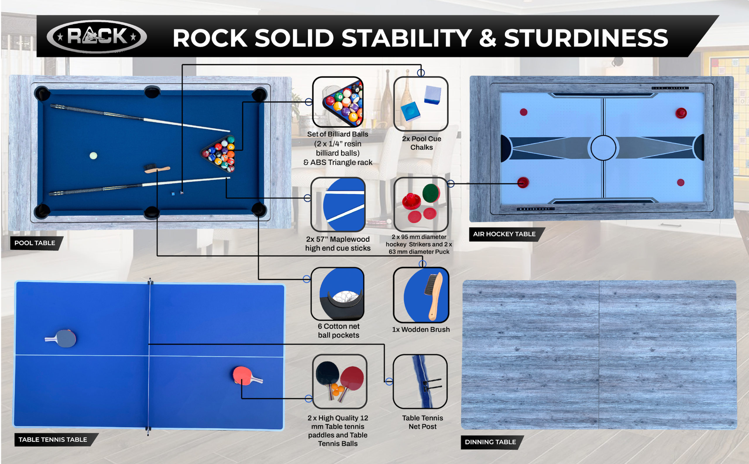 RACK Luxor 7.5-Foot 4-in-1 Multi-Game Swivel Billiard/Pool Table (Blue ...