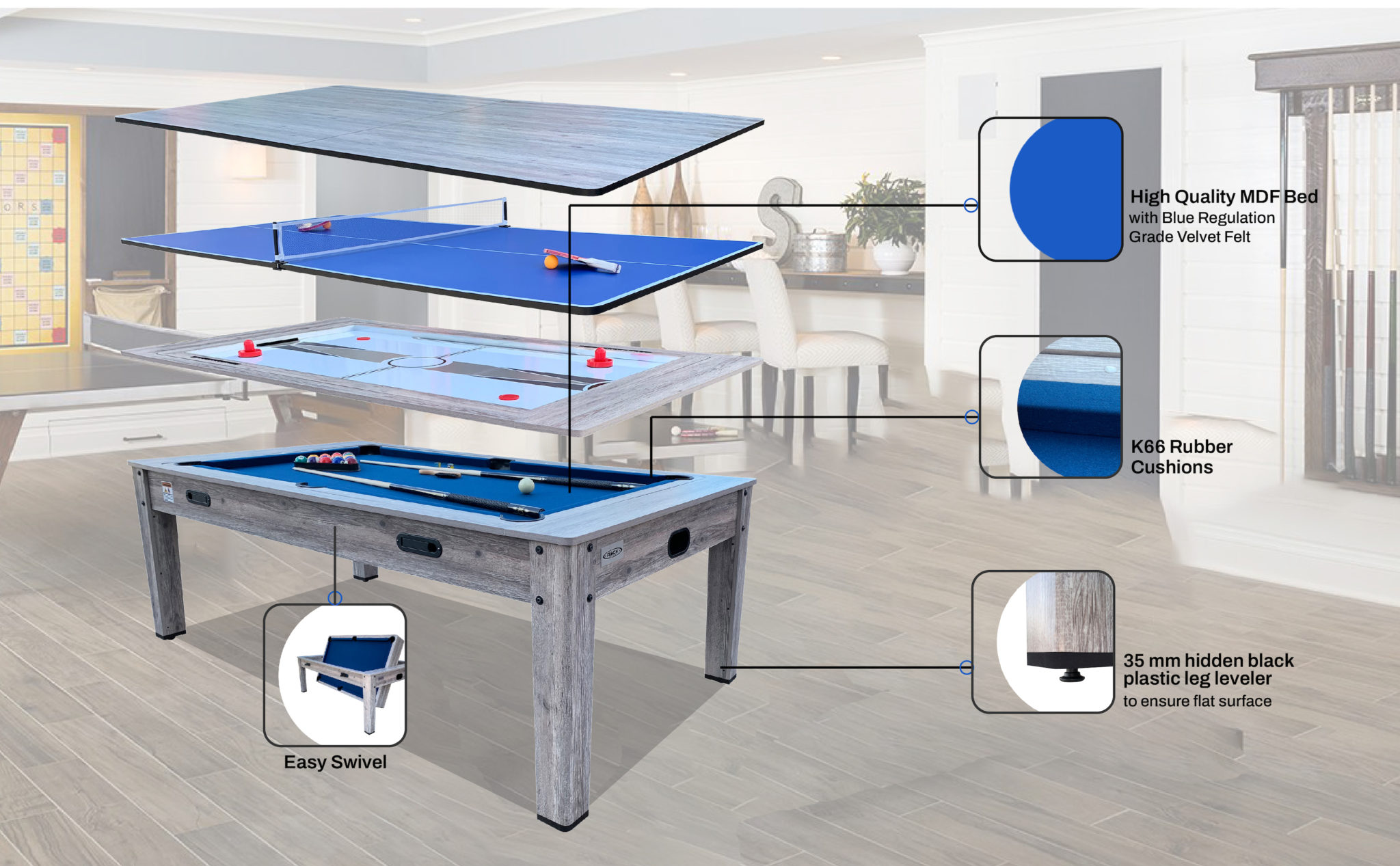 RACK Luxor 7.5-Foot 4-in-1 Multi-Game Swivel Billiard/Pool Table (Blue ...