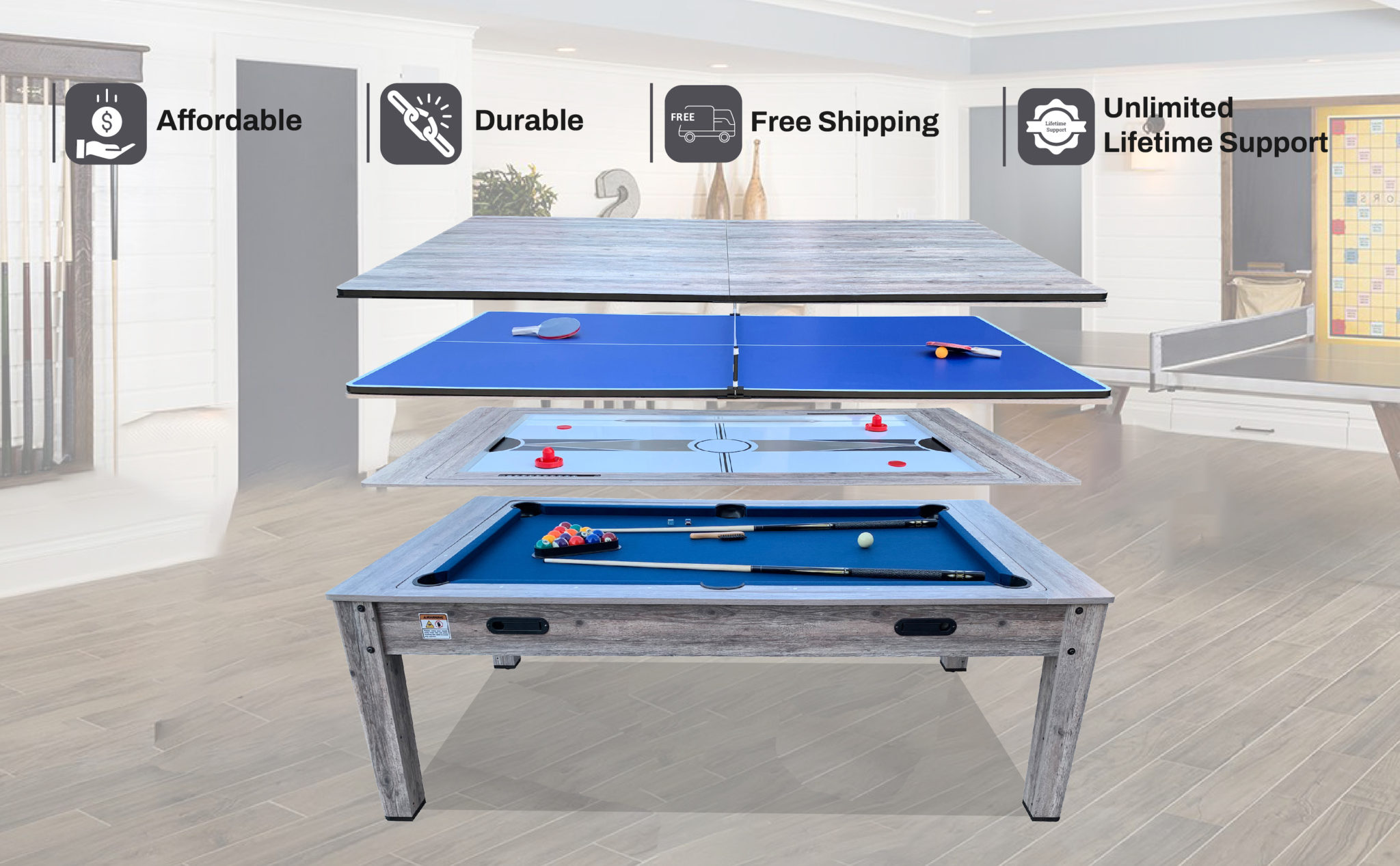 RACK Luxor 7.5-Foot 4-in-1 Multi-Game Swivel Billiard/Pool Table (Blue ...