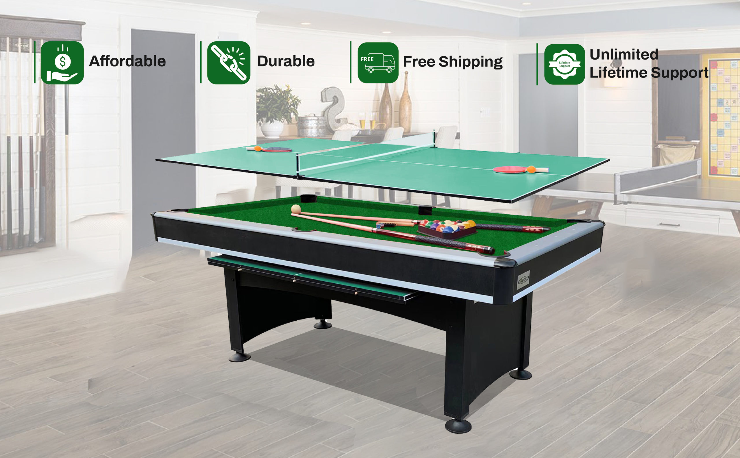 RACK Scorpius 7-Foot Multi Game Billiard/Pool with Table Tennis (Green ...