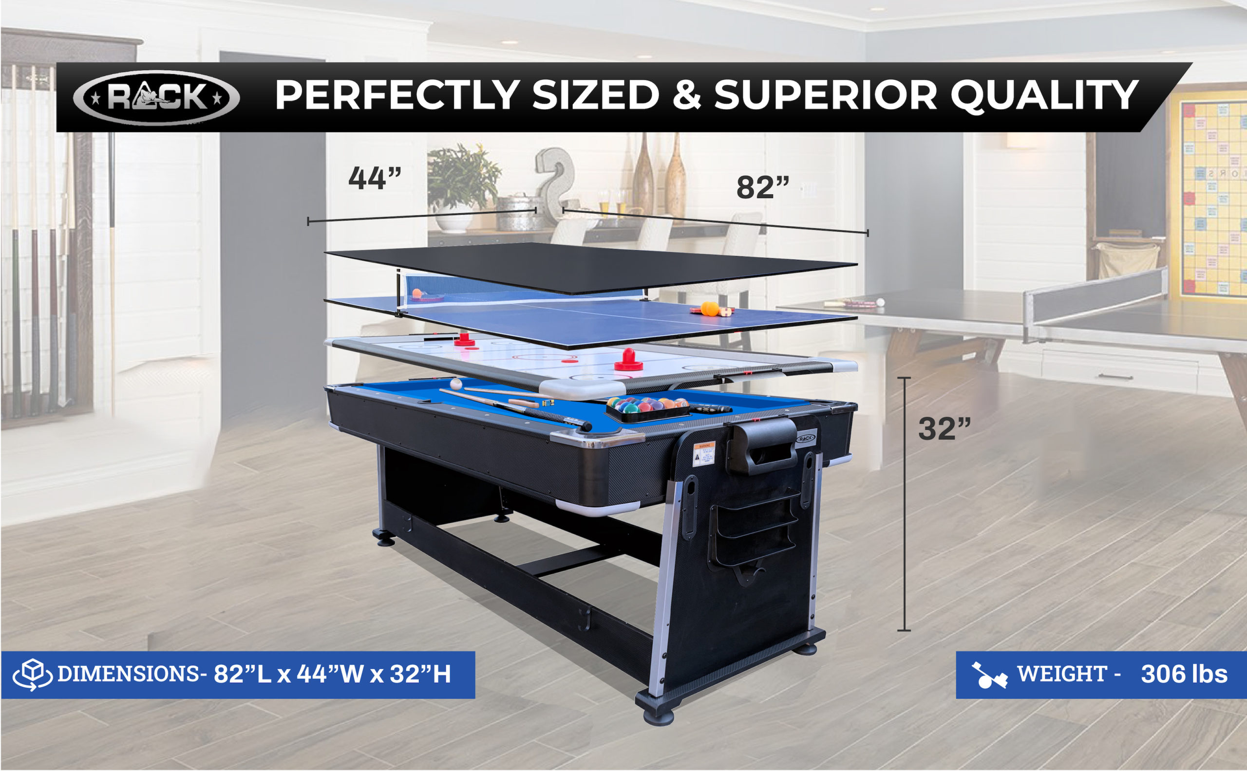 RACK Triad 7-Foot 3-in-1 Multi Game Swivel Billiard/Pool Table (Blue ...