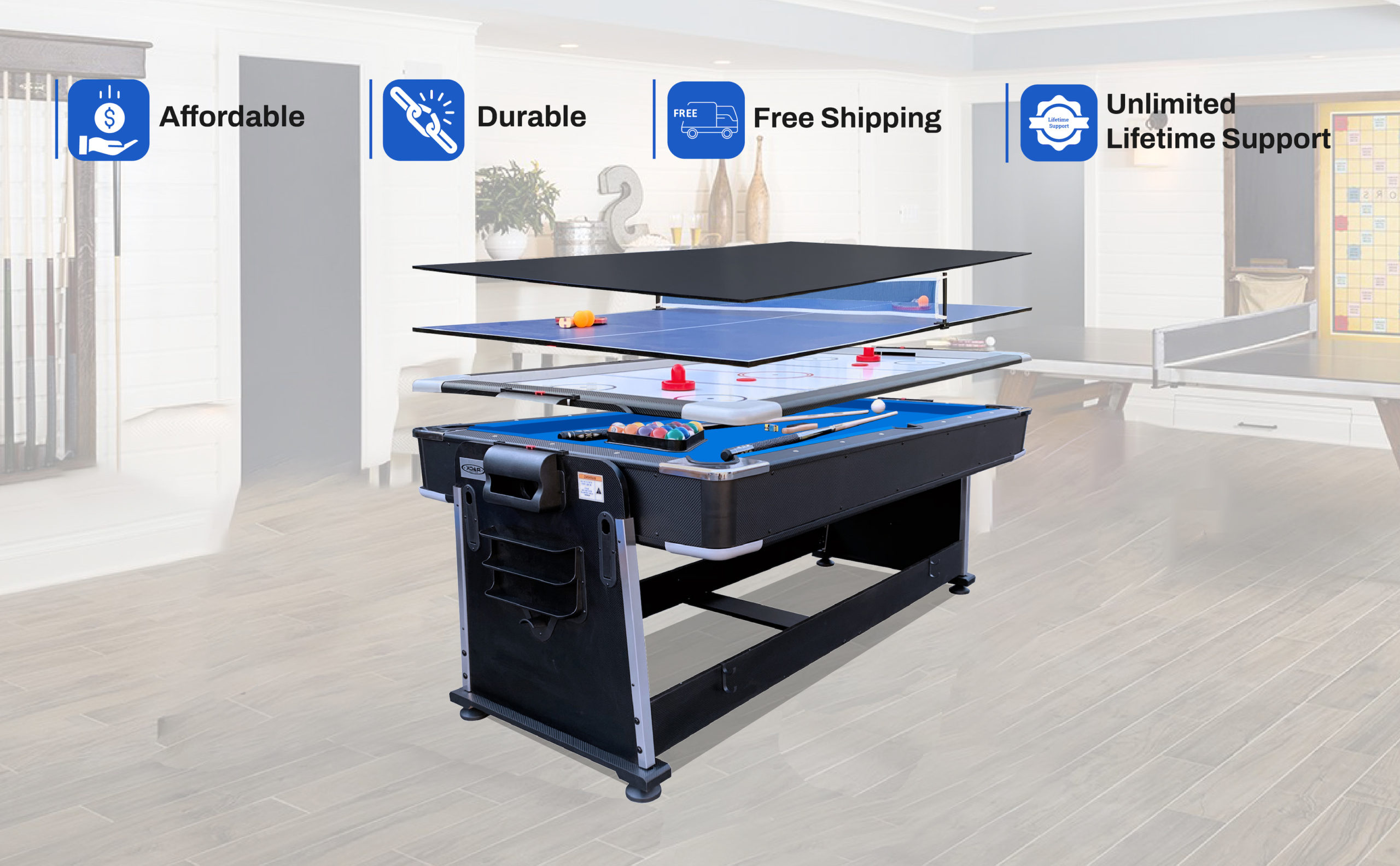 RACK Triad 7-Foot 3-in-1 Multi Game Swivel Billiard/Pool Table (Blue ...