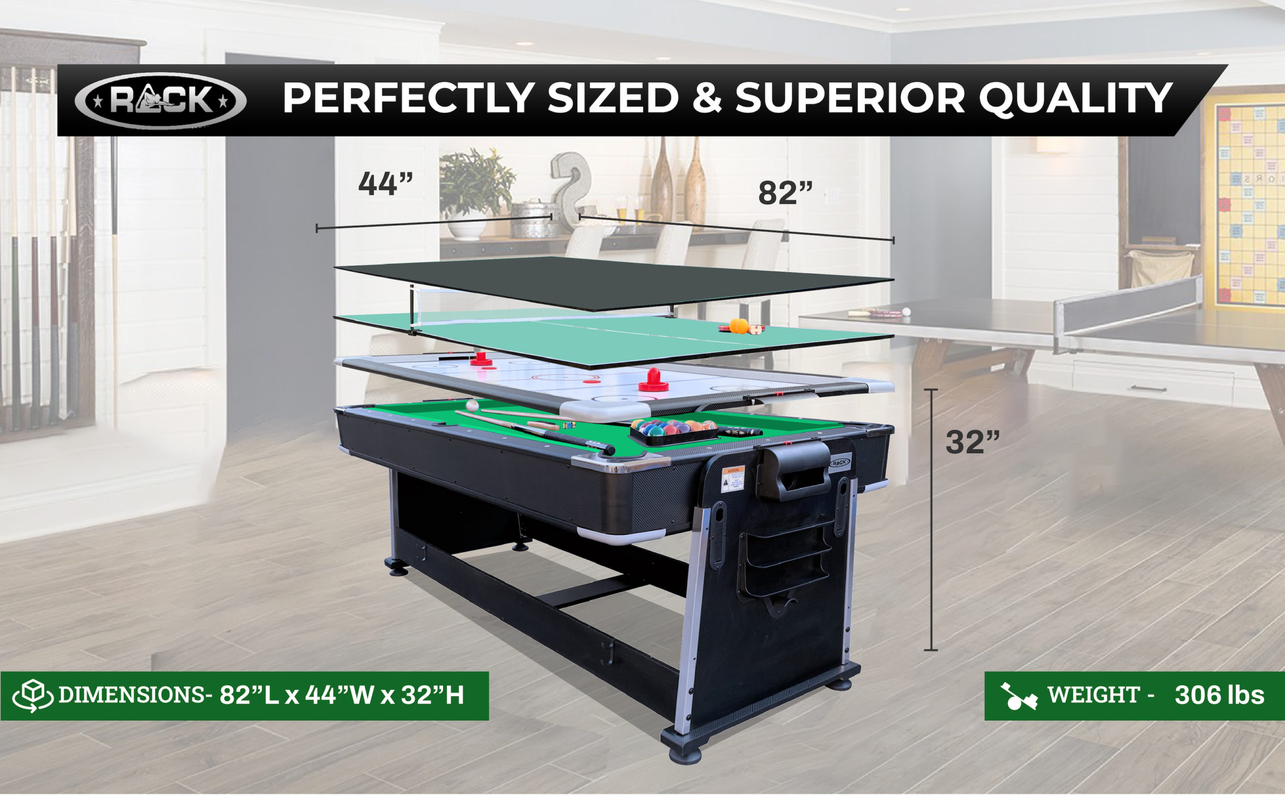 RACK Triad 7-Foot 3-in-1 Multi Game Swivel Billiard/Pool Table (Green ...