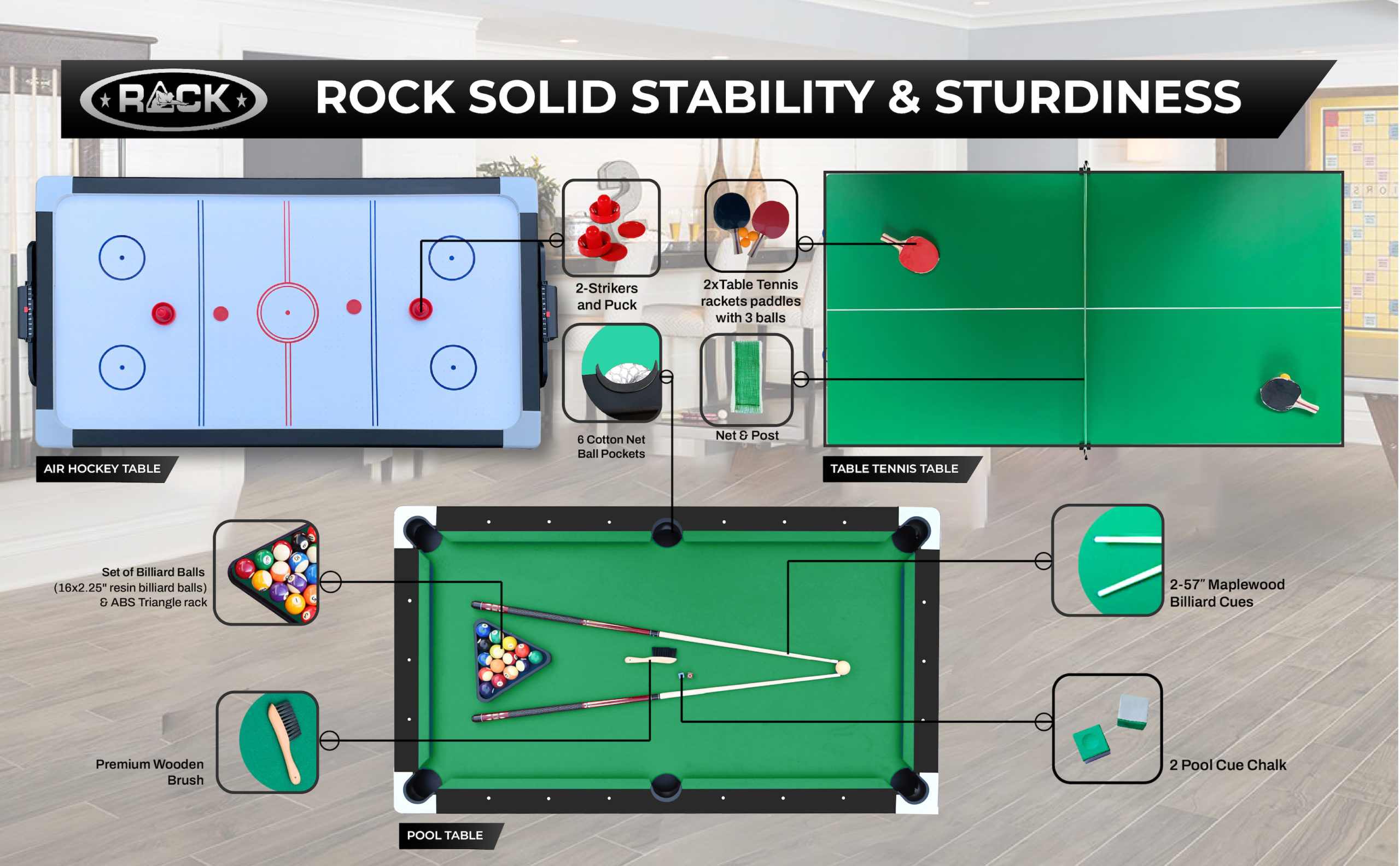 RACK Triad 7-Foot 3-in-1 Multi Game Swivel Billiard/Pool Table (Green ...