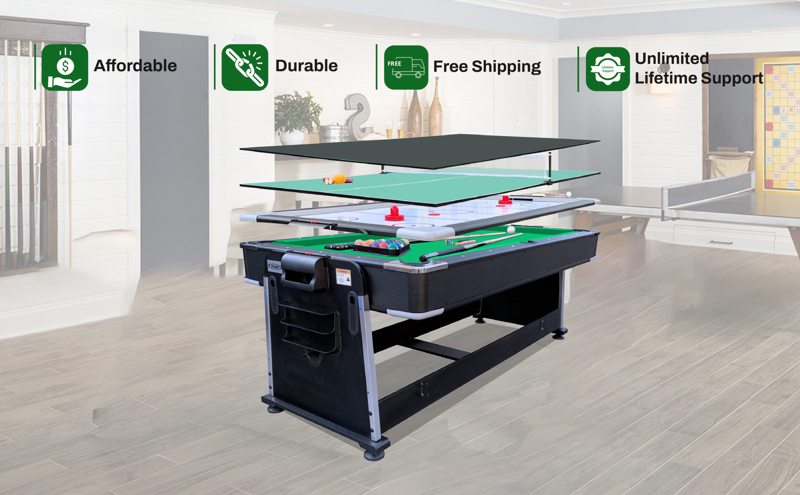 RACK Triad 7-Foot 3-in-1 Multi Game Swivel Billiard/Pool Table (Green ...